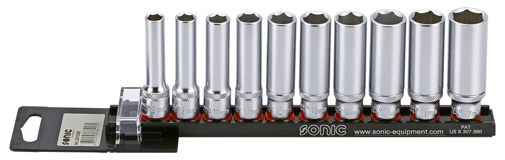 3/8" Drive Deep Flank Socket Set on Rail, 6pt. 10-PCS - Sonic Tools