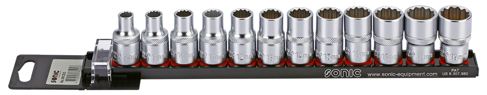1/2" Drive Socket Set on Rail, 12-PCS - Sonic Tools